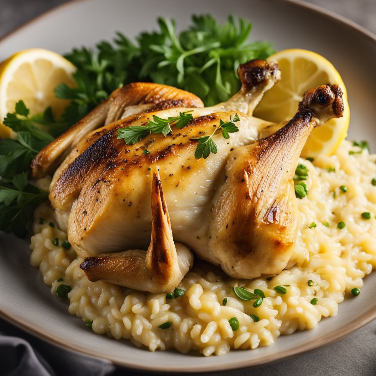 Whole Roasted Spring Chicken with Lemon Risotto - Tastylicious